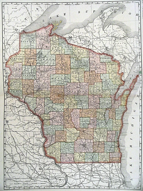 1895 MAP OF Wisconsin Rand McNally Color Lithograph Engraving Large ...