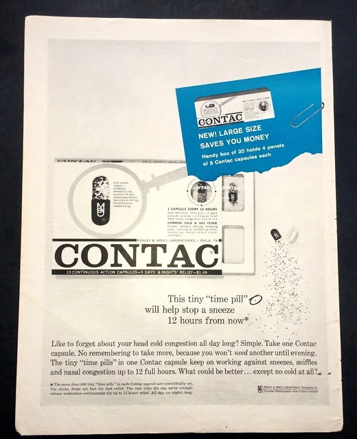 LIFE MAGAZINE AD CONTAC Cold Congestion Capsules Deodorant 1963 AD $1. ...