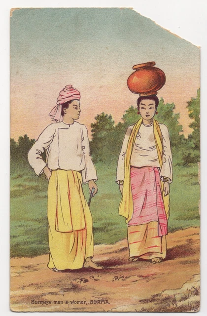 BURMA OLD COLOUR Postcard Burmese man & Woman - Unposted - Myanmar £4. ...