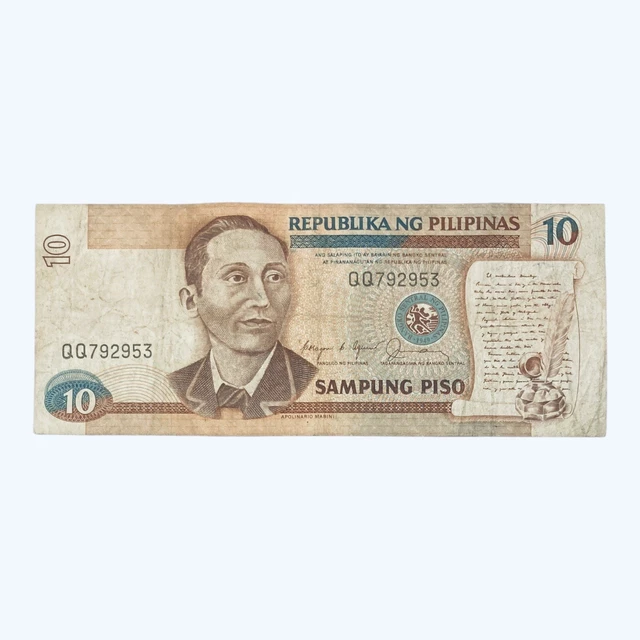 1985 PHILIPPINES 10 Old Filipino Piso (Pesos) Banknote Mabini (Pre ...