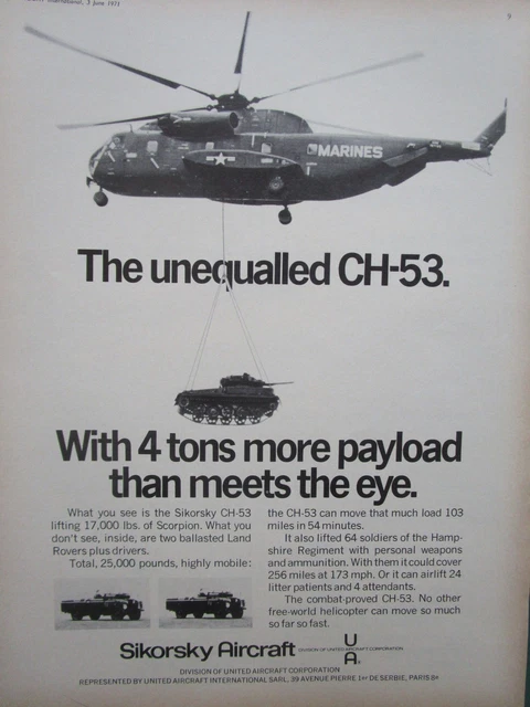6/1971 PUB SIKORSKY Aircraft Helicopter Ch-53 Marines Land Rover Original Ad EUR 10,00 - PicClick FR