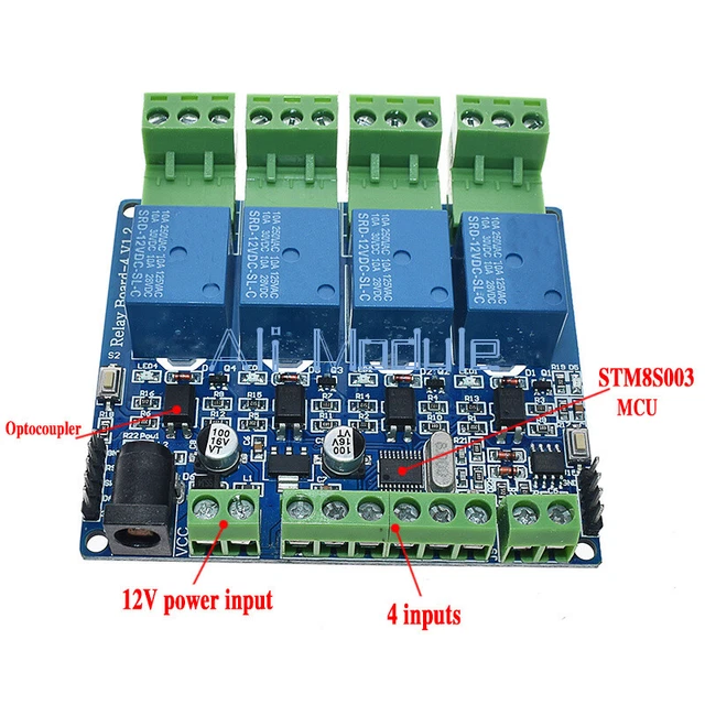 12V MODBUS RTU 4 Way Relay Module STM8S103 4 Road Input RS485 ...
