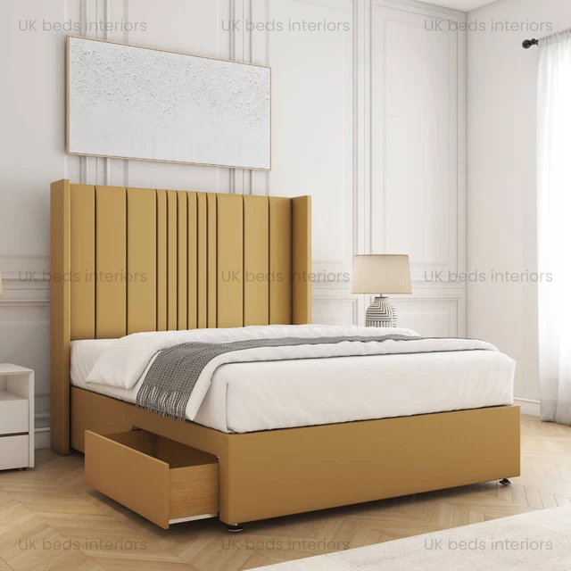 PLUSH DIVAN BASE Bed Set 54" Wingback Headboard& Mattress 3FT 4FT 4FT6 ...