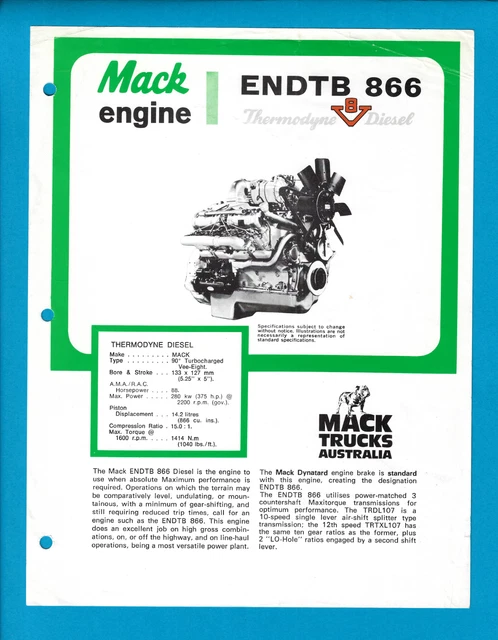 MACK TRUCKS ENDTB 866 Engine Specifications Brochure 02/77 $27.50 ...