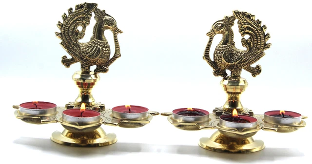 BRASS NAVRATRI DIYA Hindu Temple Puja Deep Peacock Design Lamp Diwali ...