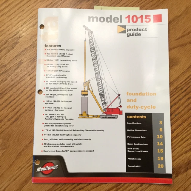 MANITOWOC 1015 VERKAUFSBROSCHÜRE & HEBEKAPAZITÄTEN RAUBENKRAN ...
