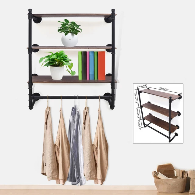 INDUSTRIAL PIPE WALL Mounted Garment Rack with Shelf Iron Hanging ...