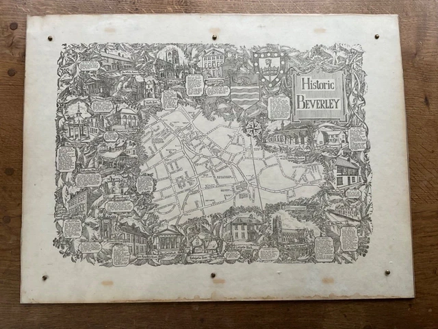 VINTAGE HISTORIC BEVERLEY Pictorial Map with Famous Landmarks East ...