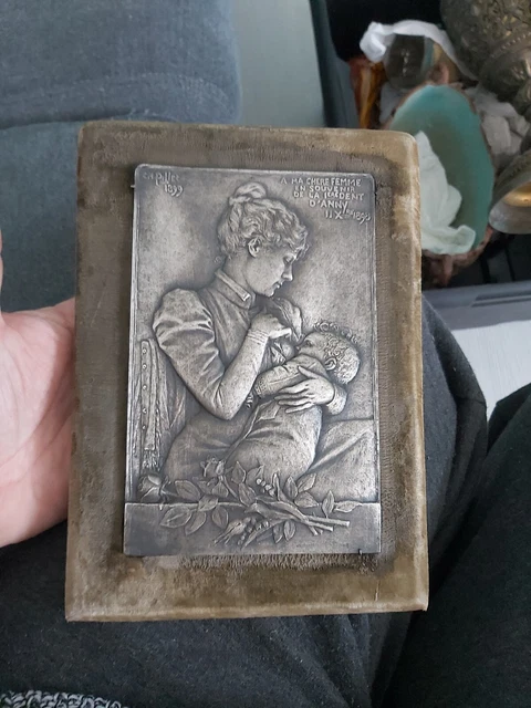 ANCIENNE GRANDE PLAQUE argent silver signé Ch Pillet daté 1899 art ...