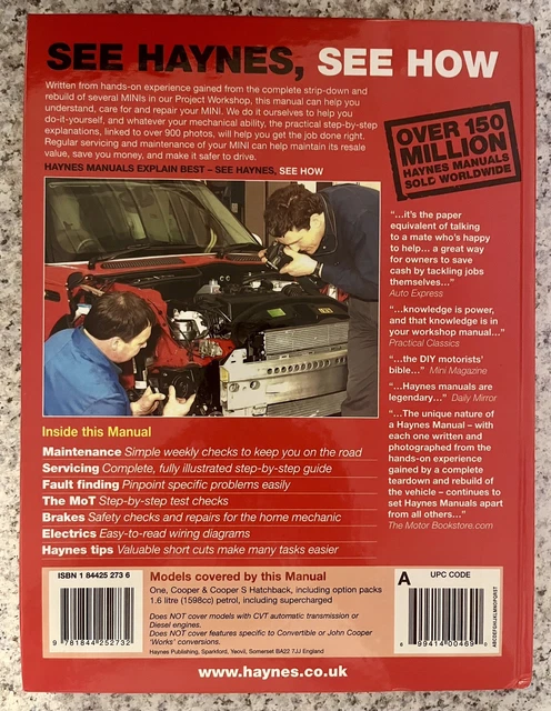 BMW MINI HAYNES Manual 2001 to 2005 Handbook R50 R53 Hardback £18.50 ...