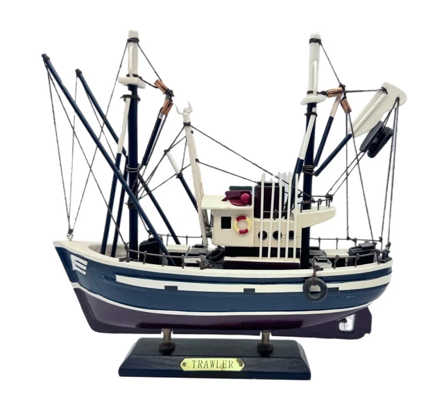 VINTAGE WOODEN FISHING Trawler Model Boat 26 cm on Stand Nautical Decor ...