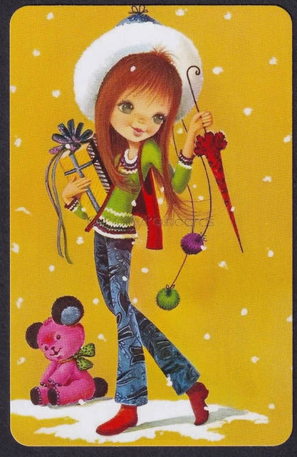 1 MODERN SWAP PLAYING CARD 70s STYLE GIRL IN SNOW TEDDY BEAR ...