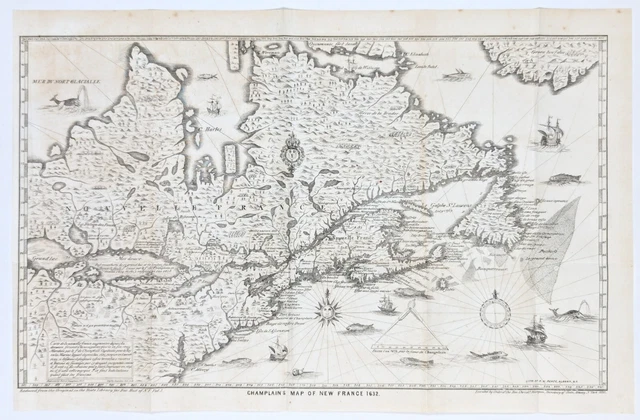 1632 / 1850 Champlain's map of New France - United States Canada New ...