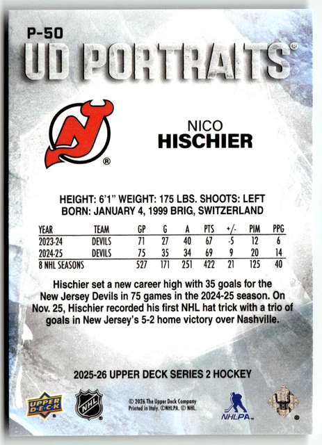UPPER DECK SERIES 2 NHL 2025-26 Tarjeta Deportiva No. P-50 Nico ...