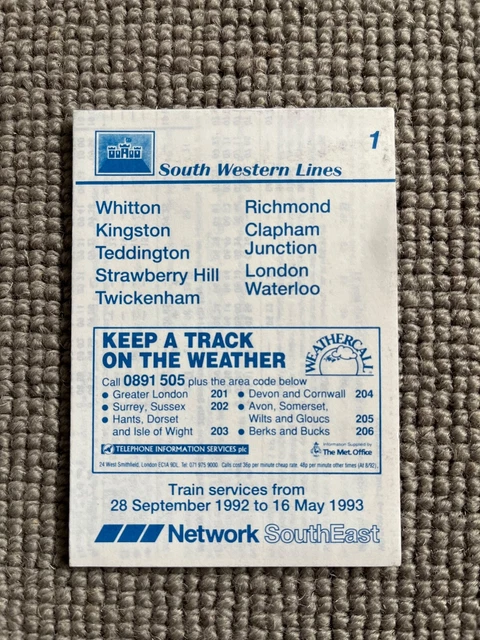 BRITISH RAIL NETWORK SouthEast 1992 timetable WHITTON STRAWBERRY HILL ...