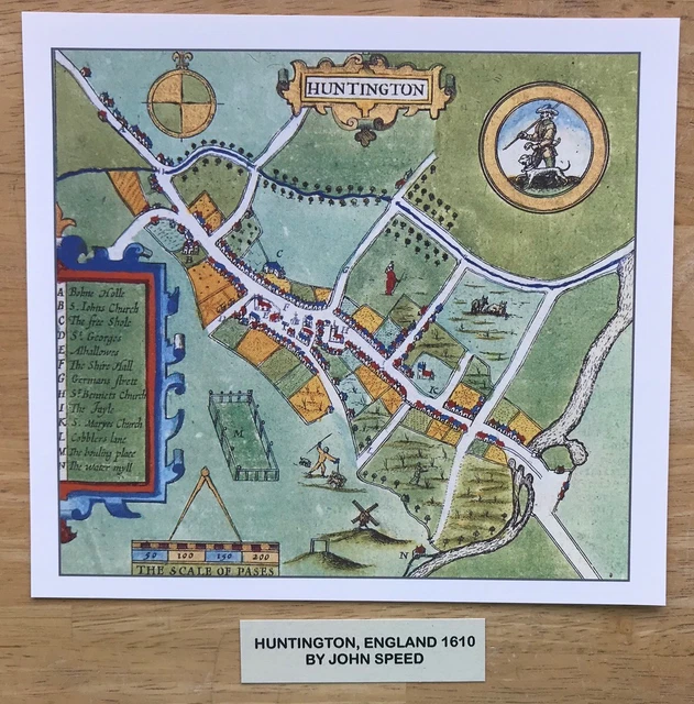 ANTIQUE TUDOR COLOUR town plan, map HUNTINGTON, England: Speed 1600s ...