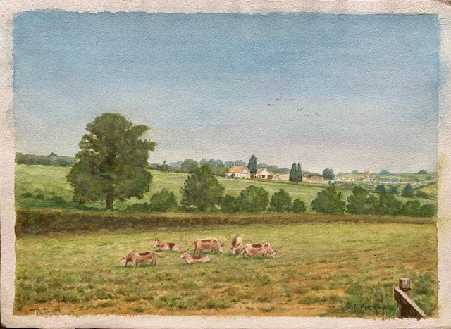 TABLEAU AQUARELLE &PAYSAGE de campagne avec village et pâturage" signé Pickop EUR 80,00 ...