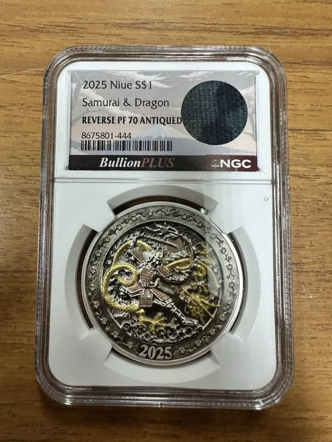 2025 NIUE 1 oz Silver Reverse Proof Samurai & Dragon Rose & Gold Gild ...