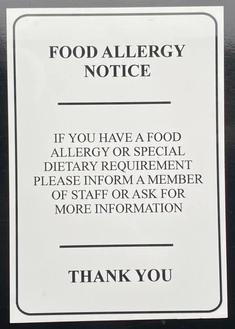 FOOD ALLERGY SAFETY Notice Metal Signs Printed WHITE Plaque Shop Cafe ...