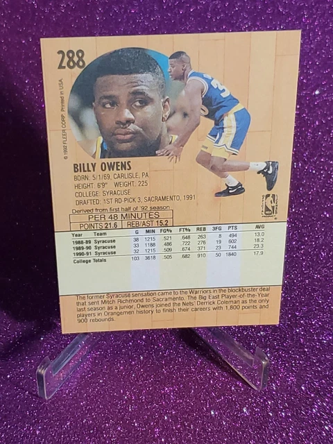 1991-92 FLEER BILLY Owens recrue Golden State Warriors #288 Syracuse RC ...