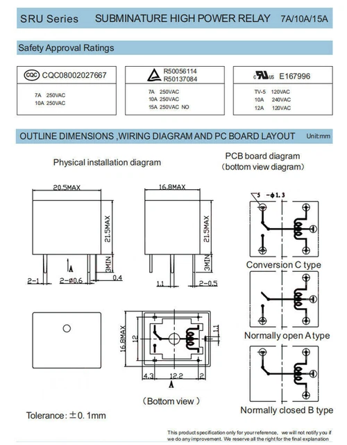 SRU-05V 12V 24VDC-SL-C MINI Power Relay 5V/12V/24V DC 22F 5-Pins Blue ...