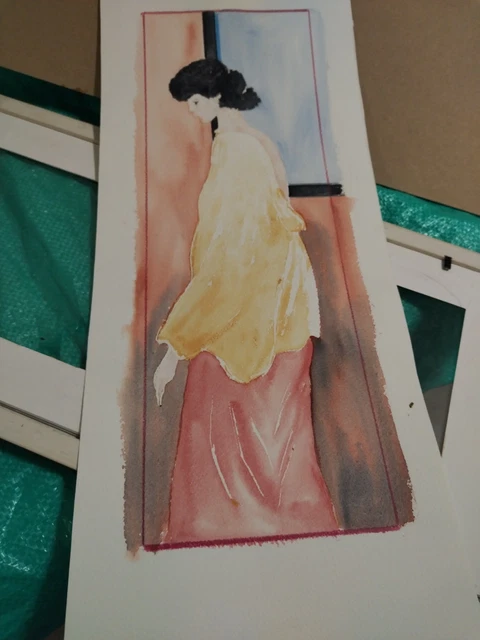 RARE ANCIENNE PEINTURE Portrait Tableau Japonisant Aquarelle Dessin ...