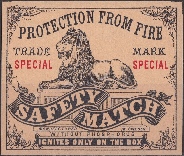 OLD MATCHBOX LABEL Sweden, Lion Safety Matches, PACKET SIZE 7.5 x 6.4 ...