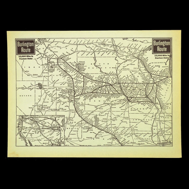 VINTAGE BURLINGTON ROUTE Railroad Map CBQ Railway 1930s Antique Chicago ...