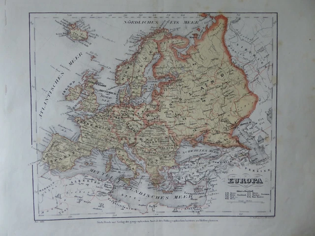 MAP OF EUROPE with Russia, Stitch Biblio. Institut Hildburghausen 1862 ...