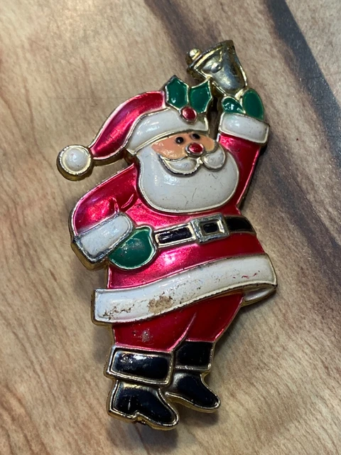 VINTAGE PLASTIC HONG Kong Enamel Gold Tone Christmas Santa Brooch Pin 2 ...
