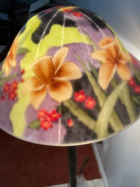 VINTAGE REVERSE HAND Painted Glass Lamp Shade Foliage & Floral 17.5" D ...