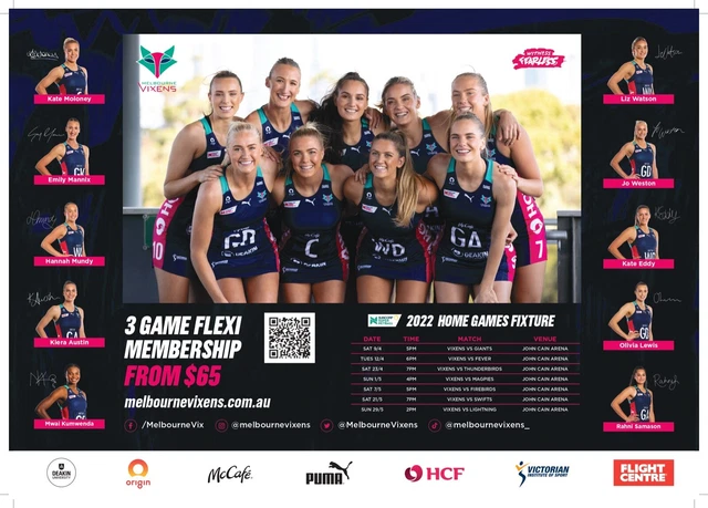 MELBOURNE VIXENS NETBALL team poster , LAMINATED, premiers, champions ...