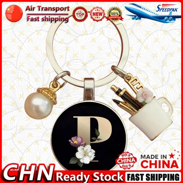 PEARL ALPHABET KEY Ring Round Letter A-Z Keychain Creative Black for ...