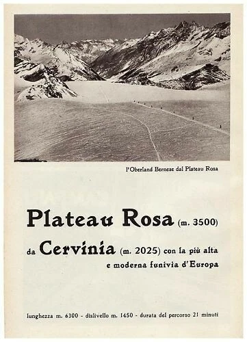 PUBBLICITA' 1939 PLATEAU Rosa Cervinia Funivia Oberland Bernese Valle D ...