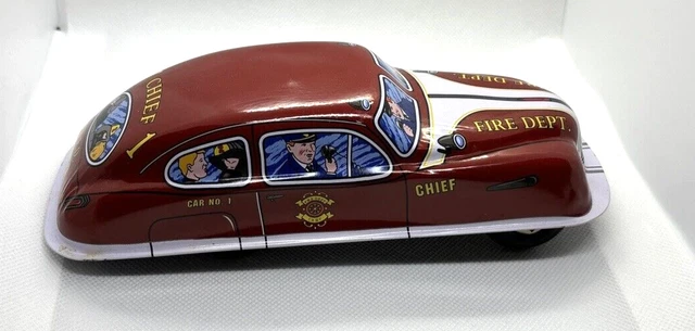 VINTAGE SCHYLLING TIN Friction Motor Fire Dept. Chief Toy Model Car 7 ...