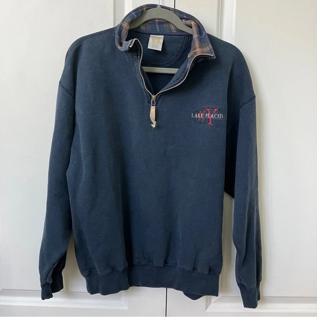 VINTAGE BAC PREMIER Navy Blue Worn in Faded 1/4 Zip NY Lake Placid ...