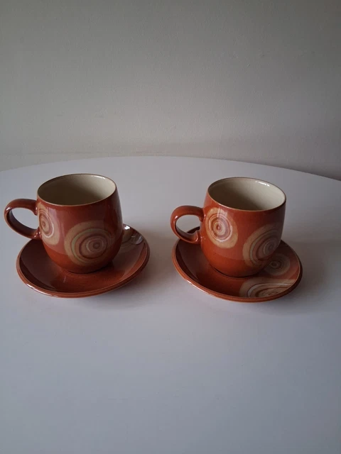 DENBY ENGLAND UNUSED Fire Chilli Swirl Large Mugs And Deep Saucers x 2 ...