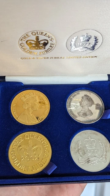 LIMITED EDITION QUEEN Elizabeth II 1977 & 2002 Jubilee 22ct Gold Plated ...