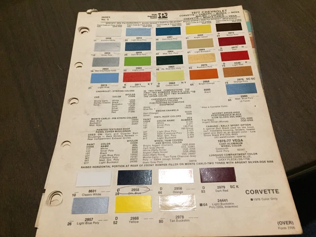 1977 CHEVROLET, Impala,Corvette,Chevelle,Camaro, Paint Chips Chart ...