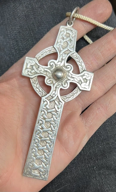 ANTIQUE CELTIC SILVER Plated Copper Large Iona Pectoral Cross & Braided ...