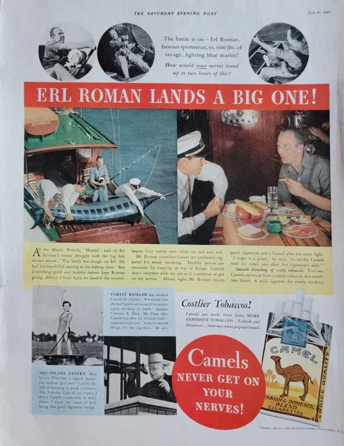 CIGARETTES DE CHAMEAU, charte Erl Roman Marlin pêche 1937 publicité ...