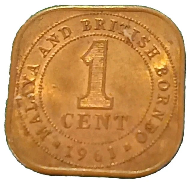 1961 MALAYA AND British Borneo 1 Cent Square Coin - Auth Qn Elizabeth ...