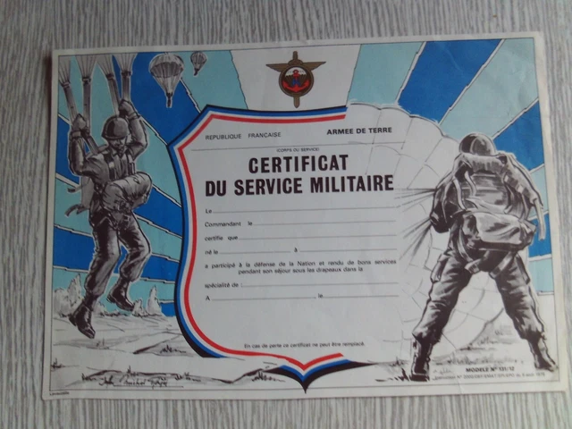 CERTIFICAT SERVICE MILITAIRE 6 Eme Regiment Parachutistes Infanterie ...