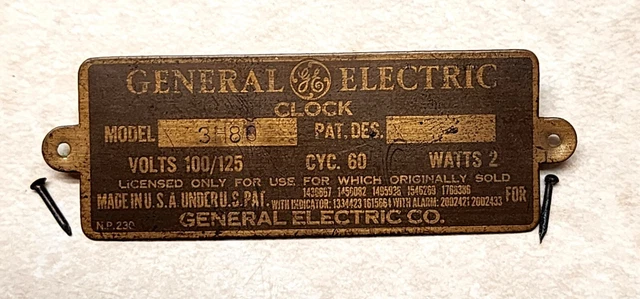 ANTIQUE GE, GENERAL Electric "Morgan" Clock 3h80 Name Plate Part £16.62 ...