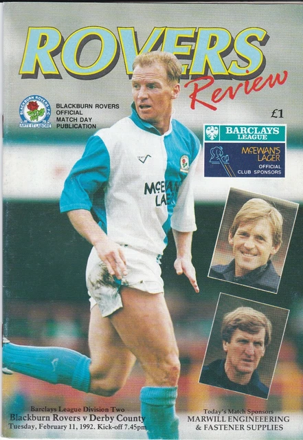 BLACKBURN ROVERS V Derby County programme, Division 2, February 1992 £5 ...