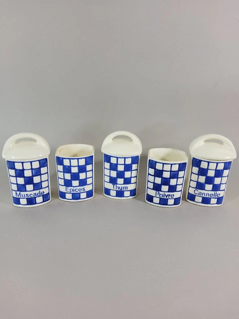 DITMAR URBACH 5 pots épices thym cannelle muscade damiers blancs bleus ...