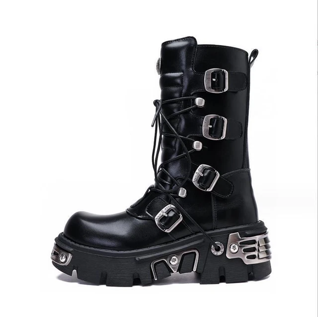 NEW ROCK BOOTS Unisex Metallic Black Leather Platform Gothic Boots UK £ ...