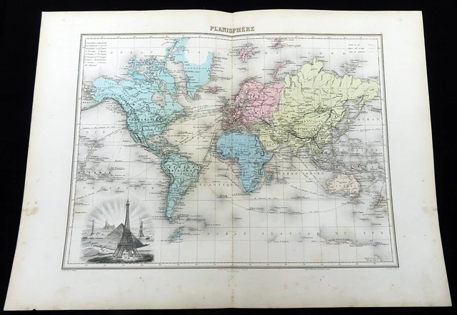 LARGE ANTIQUE MAP of the World Rare French hand Coloured Engraving 1903 ...