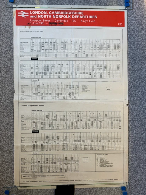 BRITISH RAIL DEPARTURES railway 1981 timetable poster: London/Cambridge ...