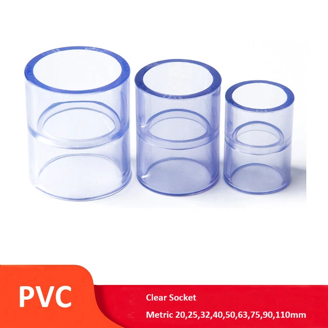 CLEAR PVC SOCKET 20mm-110mm Metric Solvent Weld Pressure Pipe Pond ...